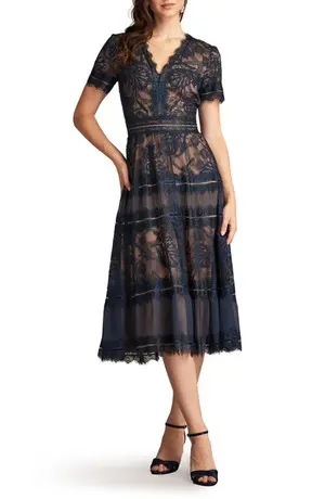 Tadashi Shoji Lace & Mesh Midi A-line Dress - Navy/nude