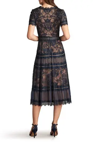 Tadashi Shoji Lace & Mesh Midi A-line Dress - Navy/nude