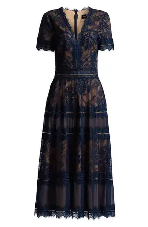 Tadashi Shoji Lace & Mesh Midi A-line Dress - Navy/nude