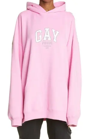 Balenciaga Gay Pride Embroidered Oversize Cotton Hoodie Pink/ White/ Grey