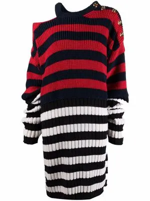 Balmain Ribbed Knit Striped Dress - Red