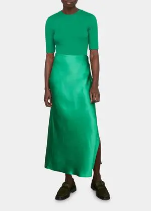 Vince Side-Slit Satin Slip Midi Skirt Emerald