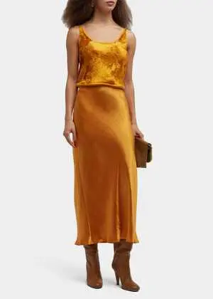 Vince Side-Slit Satin Slip Midi Skirt Gold Sap