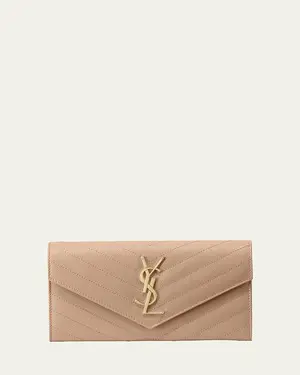 Saint Laurent Ysl Monogram Large Flap Wallet In Grained Leather Dark Beige