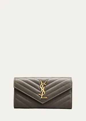 Saint Laurent Ysl Monogram Large Flap Wallet In Grained Leather Gray