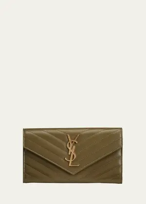 Saint Laurent Ysl Monogram Large Flap Wallet In Grained Leather Vert Kaki