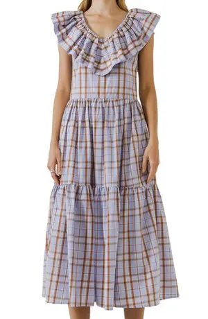 checkered knit midi dress Red Check Frayed Knit Midi Dress – self-portrait