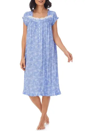 Eileen West Waltz Cap Sleeve Nightgown Blu/ Wht