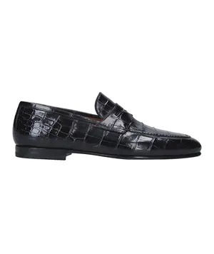 Santoni Crocodile Penny Loafers - Black