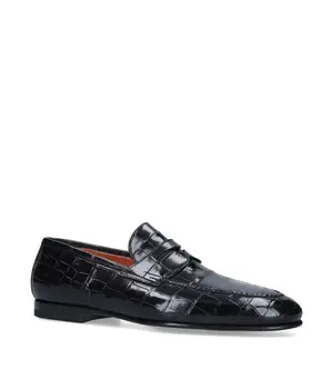 Santoni Crocodile Penny Loafers - Black