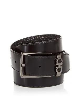 FERRAGAMO Gancini Embossed Reversible Leather Belt - Black