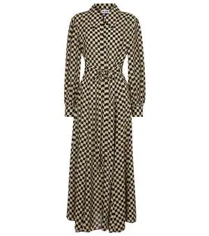 Rixo Maddison Checked Maxi Shirt Dress Beige
