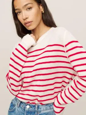 REFORMATION Cashmere Boyfriend Pullover Sweater Gossamer/postbox Stripe