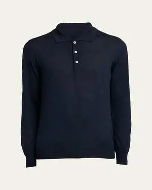 Brioni Wool/cashmere-blend Long-sleeve Polo Sweater - Navy