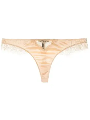 Kiki De Montparnasse Lace Inset Silk Charmeuse Thong - Neutrals