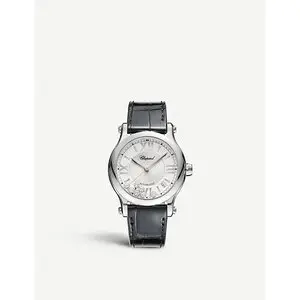 Chopard Happy Sport Medium Diamond And Croc-embossed Leather Watch - Silver And Black