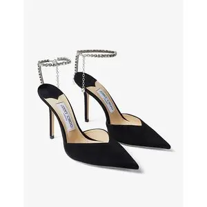 JIMMY CHOO Saeda Suede Stiletto Courts With Crystal Chain Detailing - Black/crystal
