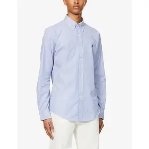 Polo Ralph Lauren Long-sleeved Logo-embroidered Slim-fit Stretch Cotton-poplin Shirt - Blue Wht Stripe