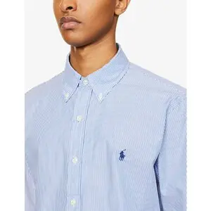 Polo Ralph Lauren Long-sleeved Logo-embroidered Slim-fit Stretch Cotton-poplin Shirt - Blue Wht Stripe
