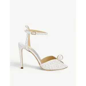 JIMMY CHOO Sacora 100 Pearl-embellished Satin Sandals - White/white