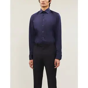 Eton Signature Pleated-cuff Regular-fit Cotton-twill Shirt 16.5 Navy