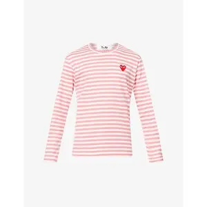 Play Comme Des Garcon Branded Stripe-print Cotton-jersey Top - Pink X Wht