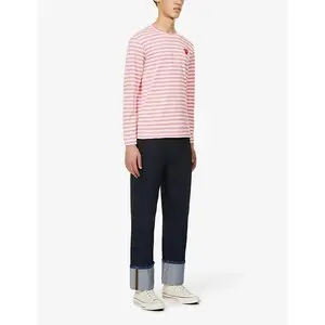 Play Comme Des Garcon Branded Stripe-print Cotton-jersey Top - Pink X Wht