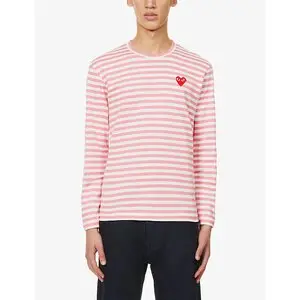 Play Comme Des Garcon Branded Stripe-print Cotton-jersey Top - Pink X Wht