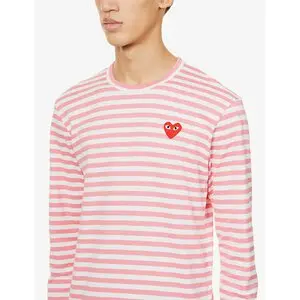 Play Comme Des Garcon Branded Stripe-print Cotton-jersey Top - Pink X Wht
