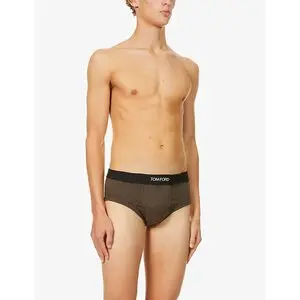 TOM FORD Branded-waistband Fitted Stretch-cotton Briefs - Military Green
