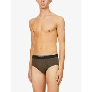 TOM FORD Branded-waistband Fitted Stretch-cotton Briefs - Military Green
