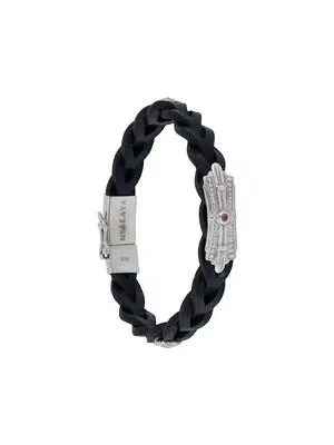 NIALAYA JEWELRY Braided Leather Bracelet With Sterling Silver And Ruby - Black
