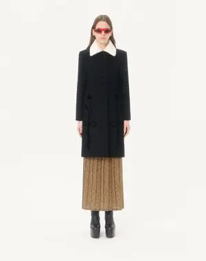 Valentino Garavani Black Compact Drap Coat With Floral Embroidery
