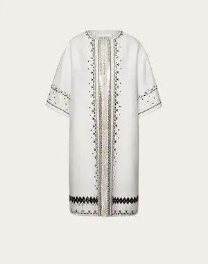 Valentino Garavani Valentino Black Compact Drap Coat With Floral Embroidery Ivory/black