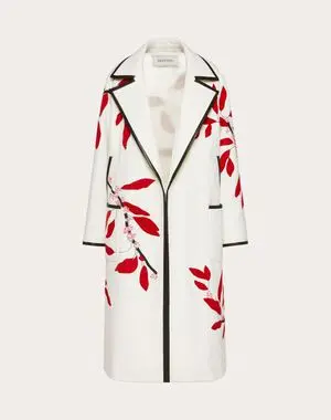 Valentino Garavani Valentino Black Compact Drap Coat With Floral Embroidery Ivory/red