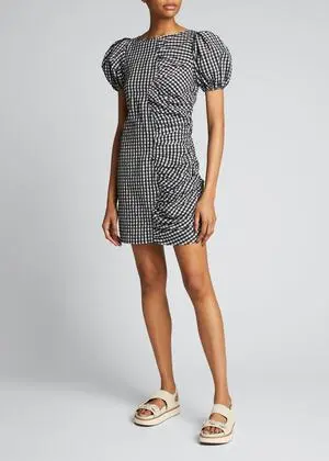 GANNI Seersucker Check Ruched Dress - Black