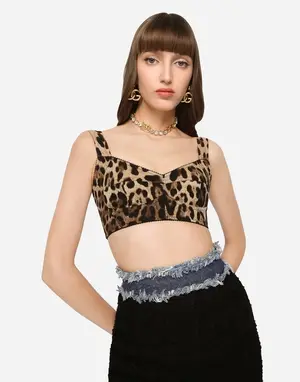 Dolce & Gabbana Short Bustier Top In Leopard Print Charmeuse - Multicolor
