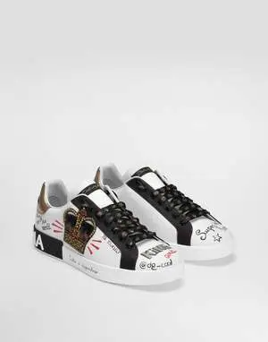 Dolce & Gabbana Portofino Sneakers In Printed Nappa Calfskin With Crown Patch