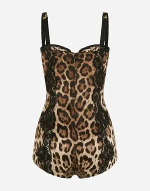 Dolce & Gabbana Silk Balconette Lingerie Bodysuit With Leopard-print And Lace Details - Animal Print