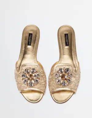 Dolce & Gabbana Lace Slippers With Crystals - Gold