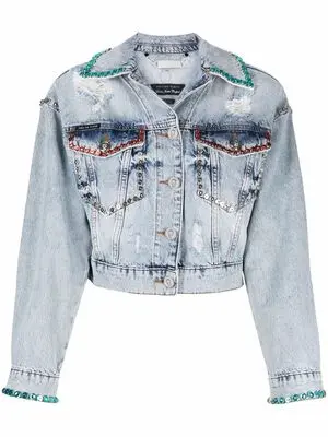 Philipp Plein Crystal-embellished Distressed Denim Jacket