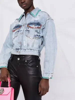 Philipp Plein Crystal-embellished Distressed Denim Jacket