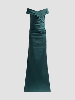 Rickie Freeman For Teri Jon Off-the-shoulder Ruched Satin Gown - Forest
