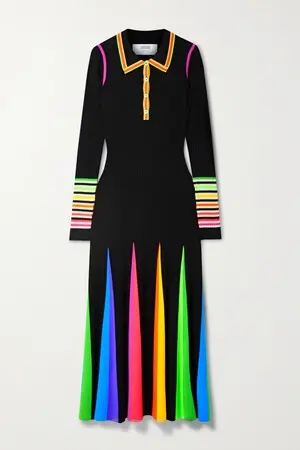 Christopher John Rogers Pleated Striped Ribbed Wool Maxi Dress