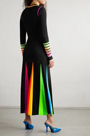 Christopher John Rogers Pleated Striped Ribbed Wool Maxi Dress