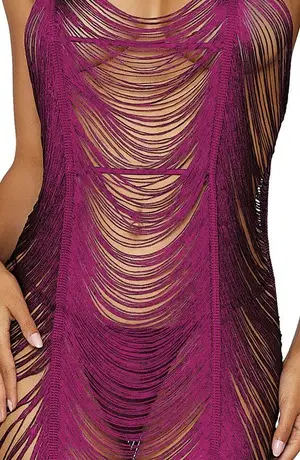 DREAMGIRL Drape Fringe Chemise & G-string Set - Mulberry