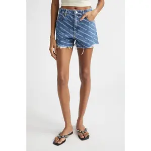 Alexander Wang Logo High Waist Cutoff Denim Shorts - Deep Blue/white