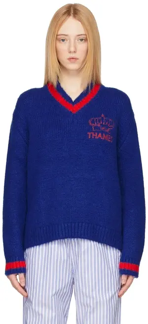 THAMES MMXX Thames MMXX. SSENSE Exclusive Blue Knit Style P.G Sweater - Blue/red
