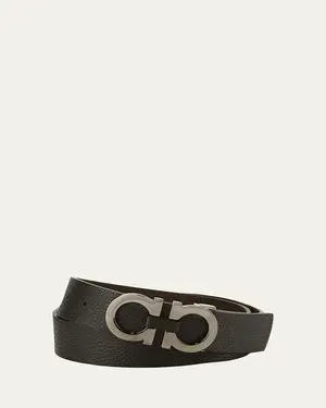 FERRAGAMO Adjustable & Reversible Double-gancini Buckle Leather Belt - Black/hickory