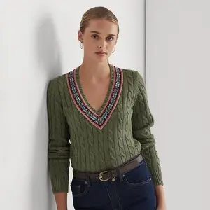 Ralph Lauren Cable-Knit Cricket Sweater Muted Moss Heather Multi